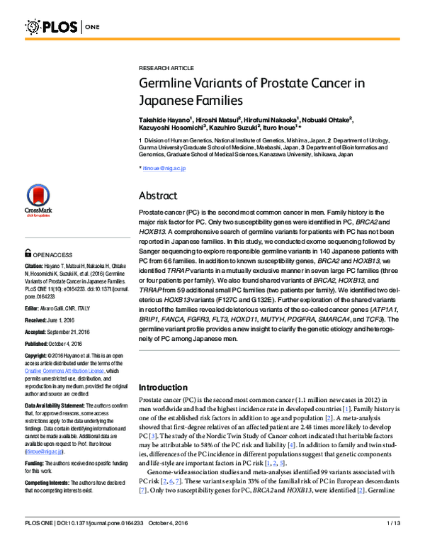 (PDF) Germline Variants of Prostate Cancer in Japanese Families