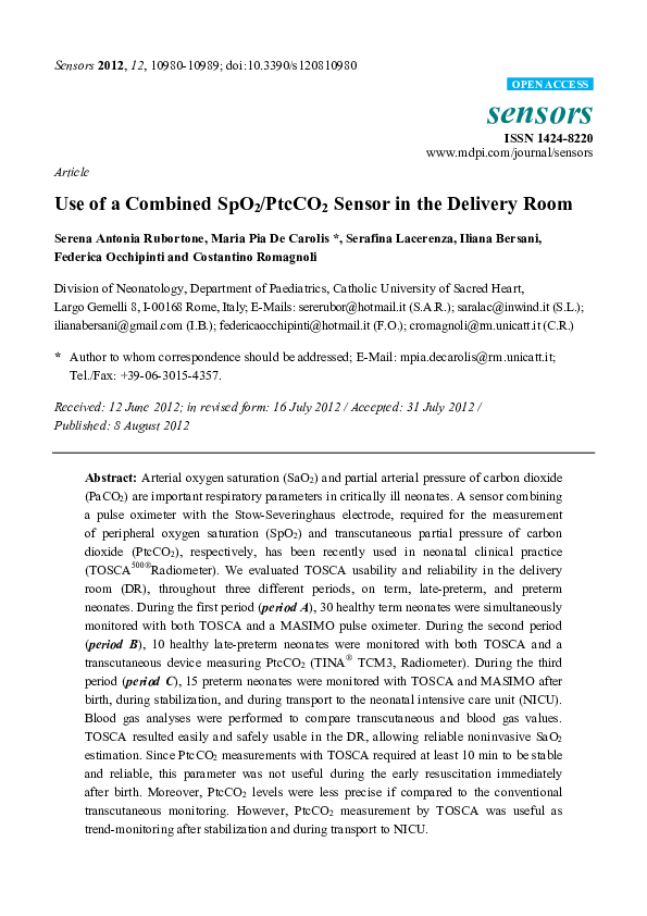 (PDF) Use of a Combined SpO2/PtcCO2 Sensor in the Delivery Room ...