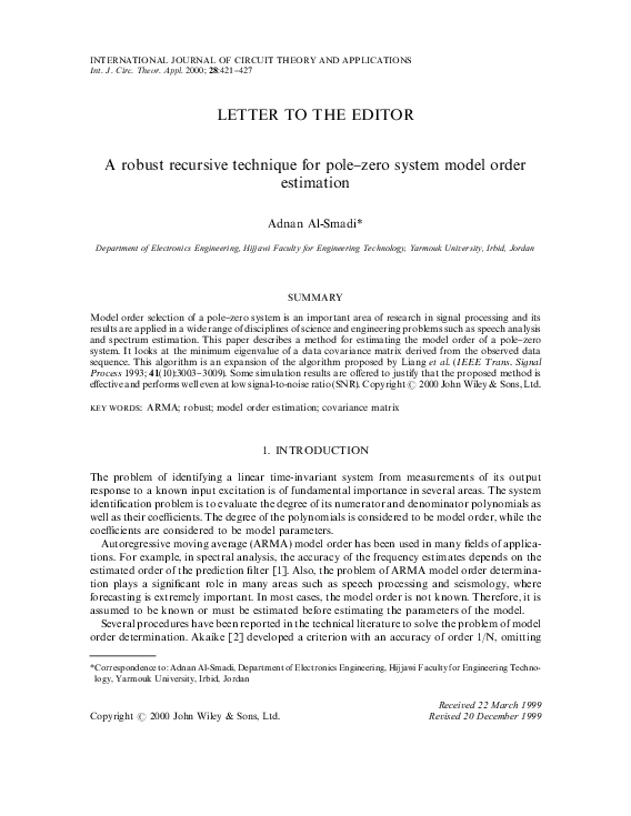(PDF) A robust recursive technique for pole-zero system model order estimation