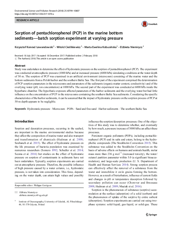 (PDF) Sorption of pentachlorophenol (PCP) in the marine bottom ...
