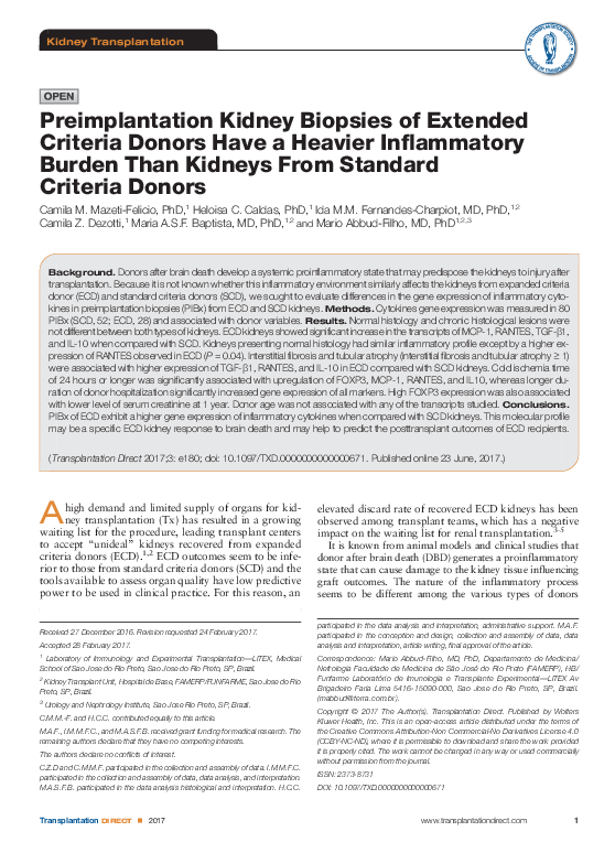 (PDF) Preimplantation Kidney Biopsies of Extended Criteria Donors Have a Heavier Inflammatory ...