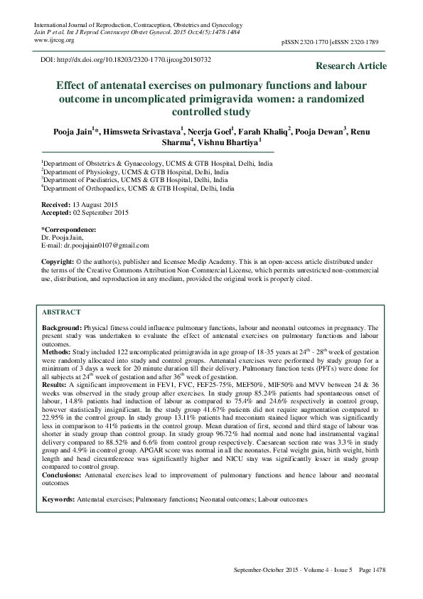 (PDF) Effect of antenatal exercises on pulmonary functions and labour outcome in uncomplicated ...