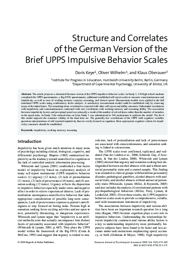 (PDF) Structure and Correlates of the German Version of the Brief UPPS ...