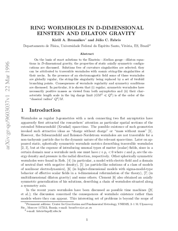 (PDF) Ring Wormholes in D-Dimensional Einstein and Dilaton Gravity