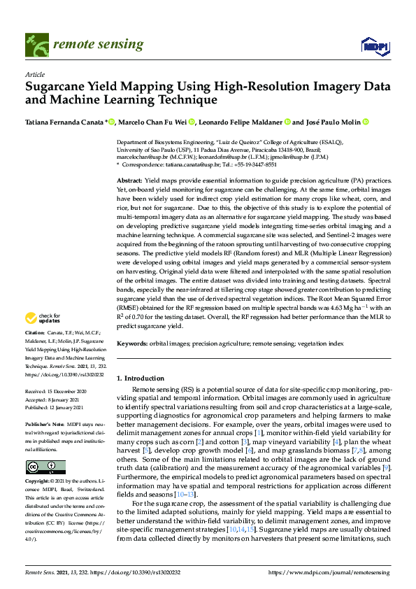 (PDF) Sugarcane Yield Mapping Using High-Resolution Imagery Data and Machine Learning Technique