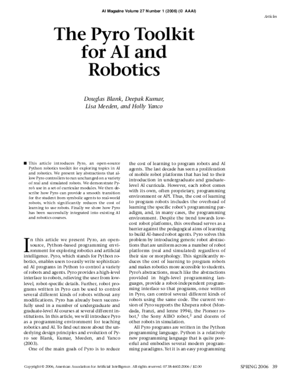 (PDF) The Pyro toolkit for AI and robotics | Deepak Kumar - Academia.edu