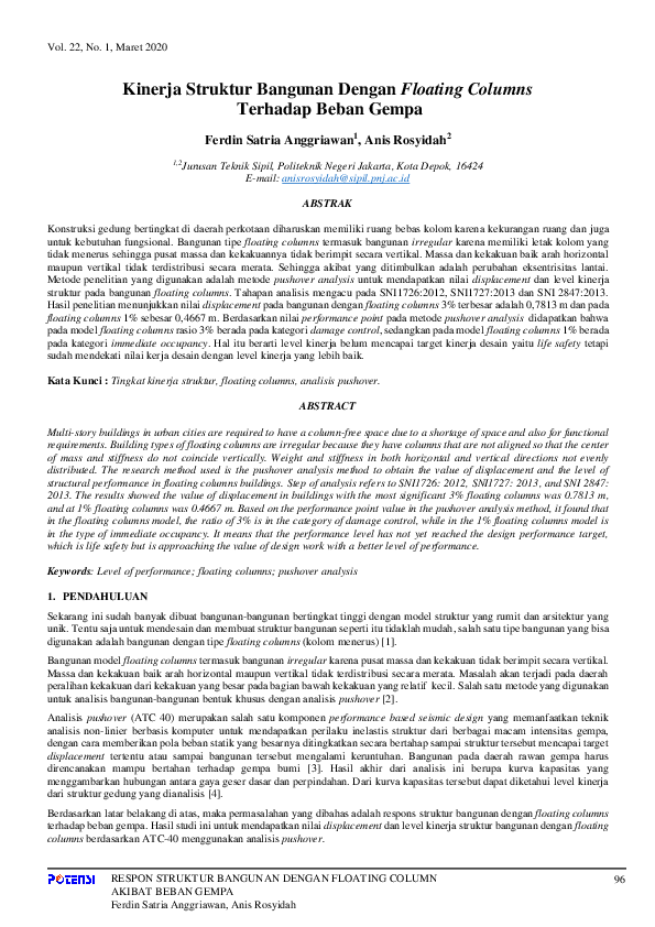 (PDF) Respon Struktur Bangunan Dengan Floating Column Akibat Beban Gempa