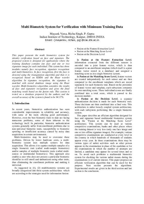 (PDF) Multi biometric system for verification with minimum training data