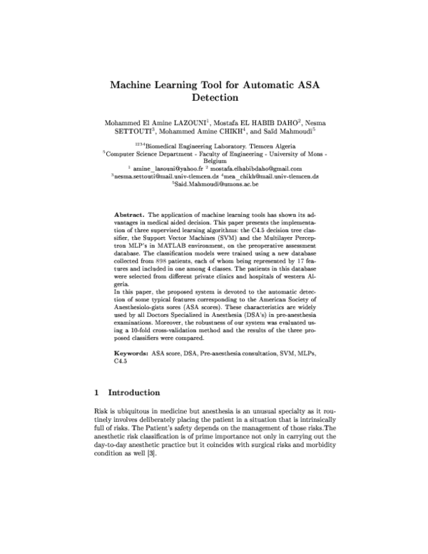 (PDF) Machine Learning Tool for Automatic ASA Detection