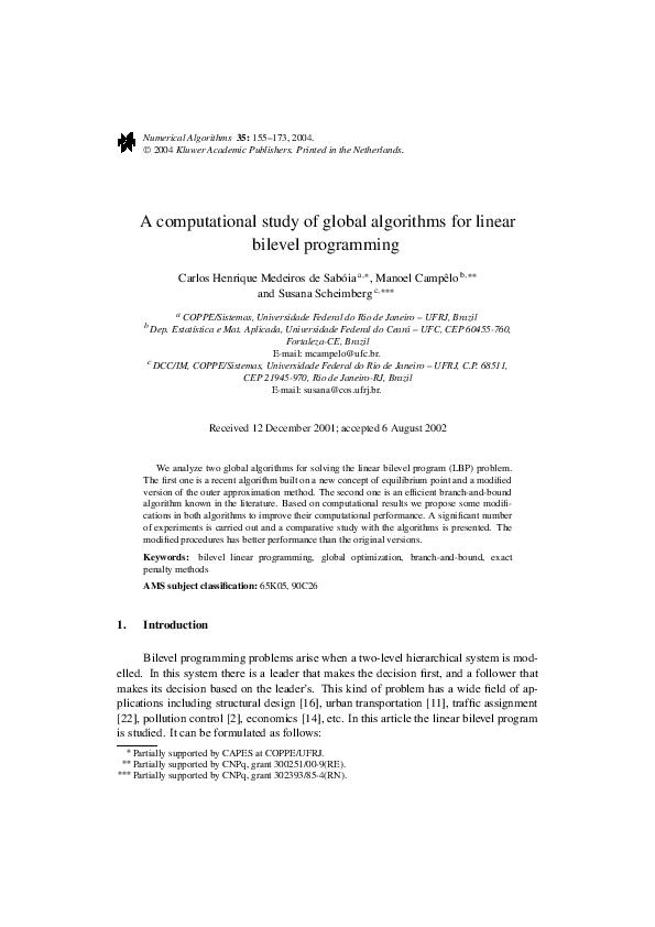 (PDF) A Computational Study of Global Algorithms for Linear Bilevel Programming