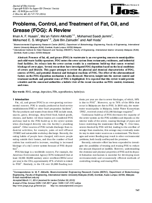 (PDF) Problems, Control, and Treatment of Fat, Oil, and Grease (FOG): A ...
