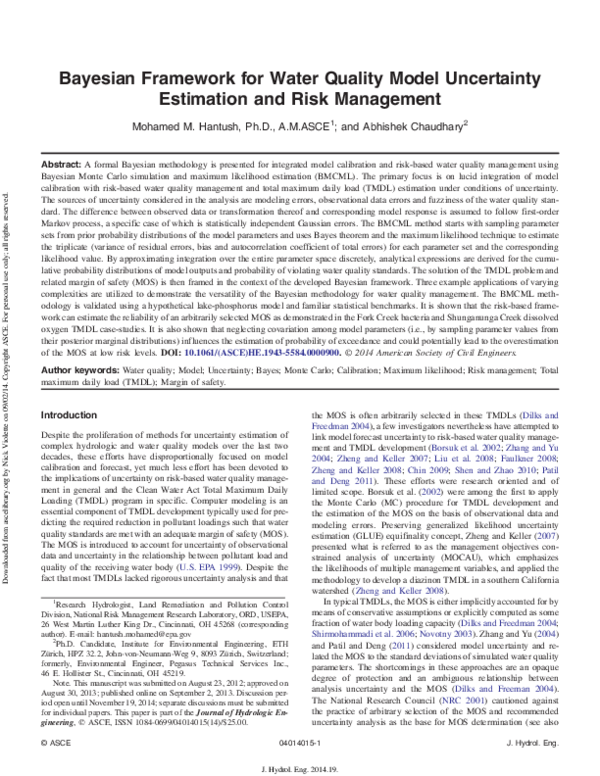 (PDF) Bayesian Framework for Water Quality Model Uncertainty Estimation and Risk Management