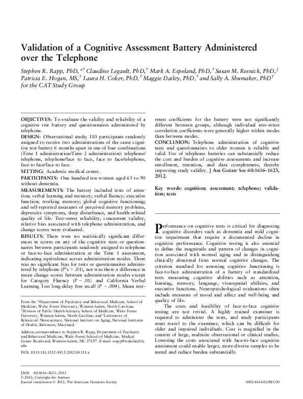 (PDF) Validation of a Cognitive Assessment Battery Administered over ...