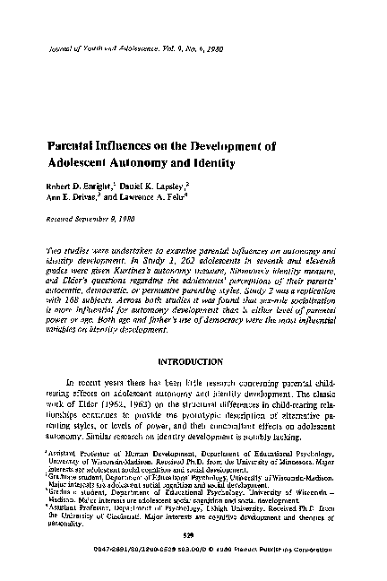 (PDF) Parental influences on the development of adolescent autonomy and identity | Robert ...