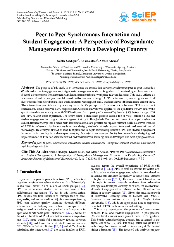 (PDF) Peer to Peer Synchronous Interaction and Student Engagement: A Perspective of Postgraduate ...