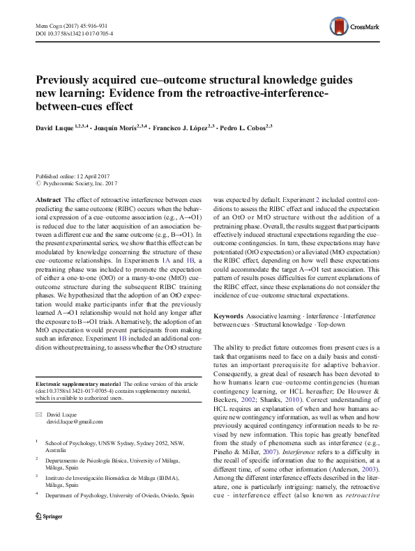 (PDF) Previously acquired cue-outcome structural knowledge guides new ...