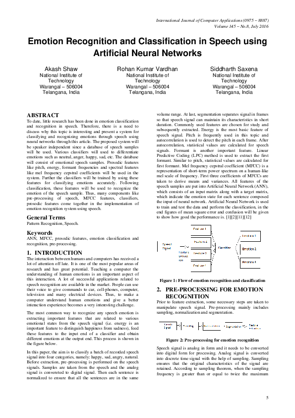Pdf Emotion Recognition And Classification In Speech Using Artificial Neural Networks
