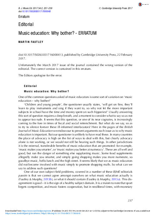 (PDF) Music education: Why bother? - ERRATUM