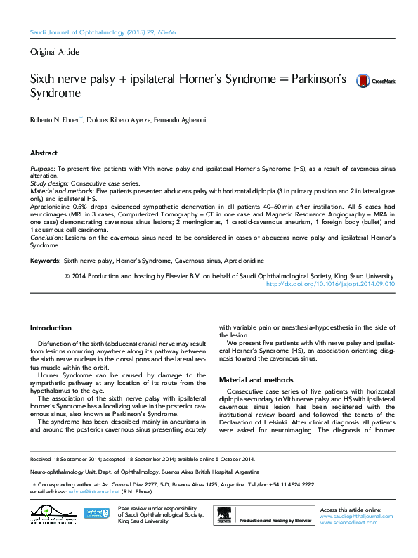 (PDF) Sixth nerve palsy+ipsilateral Horner’s Syndrome=Parkinson’s Syndrome