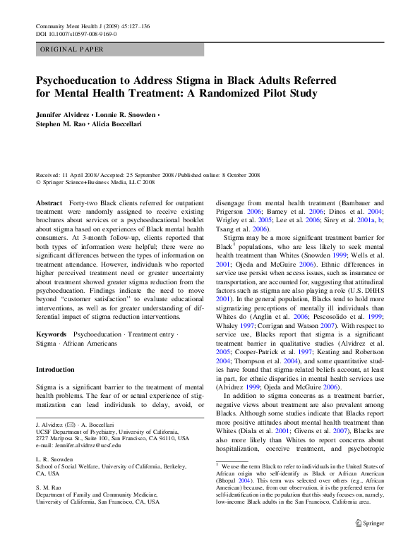 (PDF) Psychoeducation to Address Stigma in Black Adults Referred for ...
