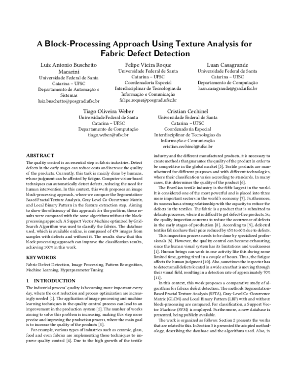 Pdf A Block Processing Approach Using Texture Analysis For Fabric 4370