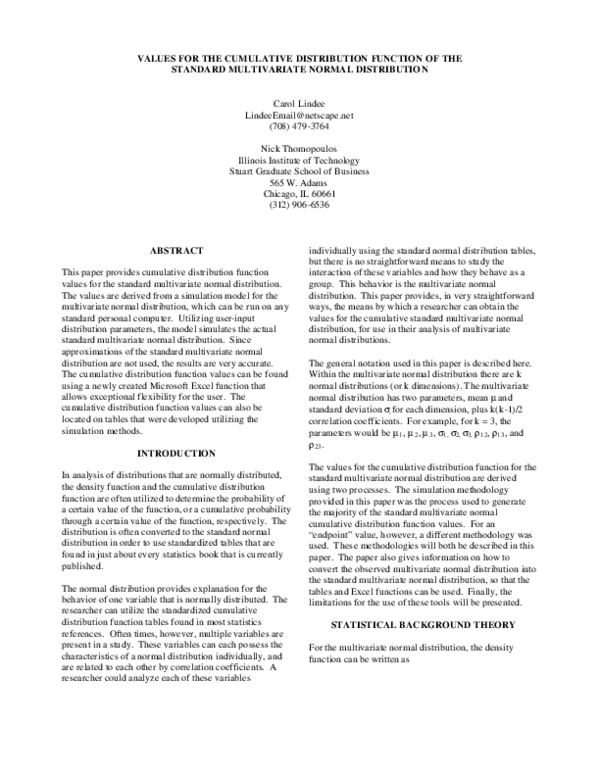 Pdf Values For The Cumulative Distribution Function Of The Standard Multivariate Normal