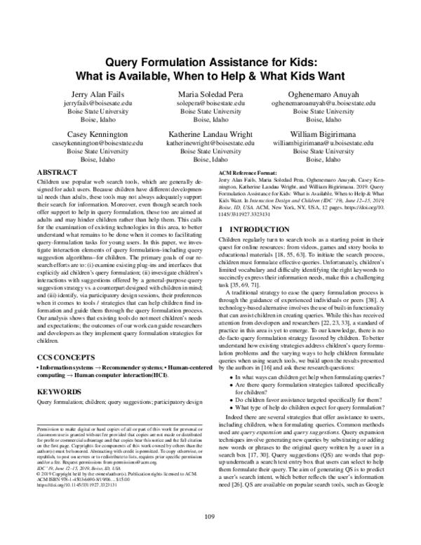(PDF) Query Formulation Assistance for Kids