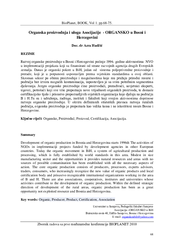 (PDF) Organska proizvodnja i uloga Asocijacije - ORGANSKO u Bosni i Hercegovini