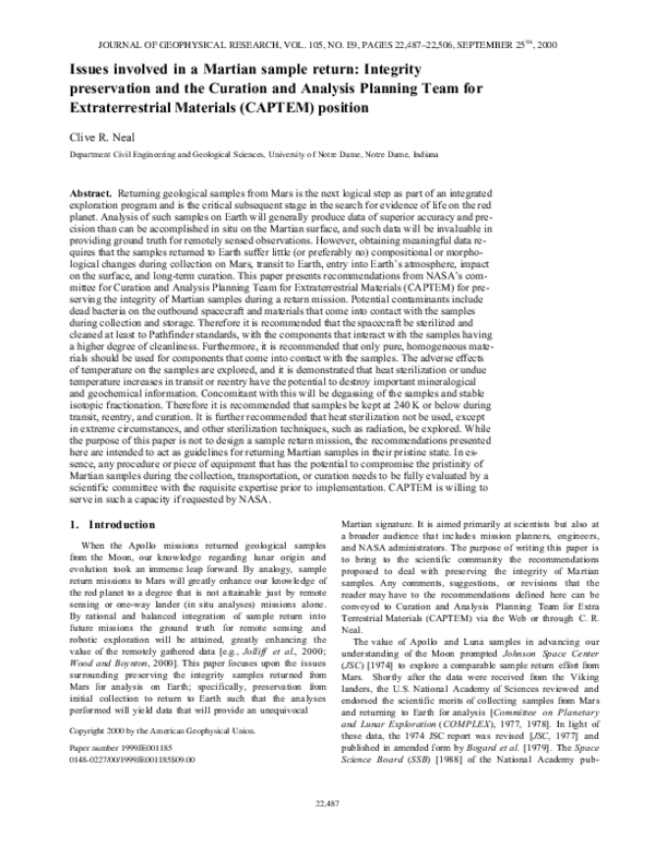 (PDF) Issues involved in a Martian sample return: Integrity ...