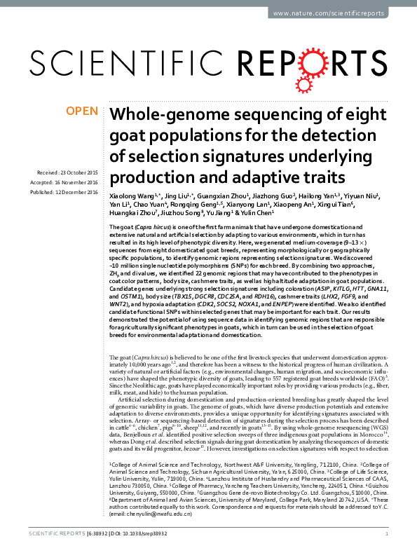 (PDF) Whole-genome sequencing of eight goat populations for the detection of selection ...