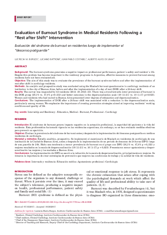 (PDF) Evaluation of Burnout Syndrome in Medical Residents Following a ...