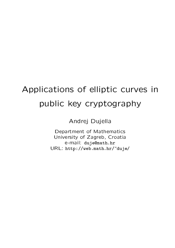 (PDF) Applications of elliptic curves in public key cryptography