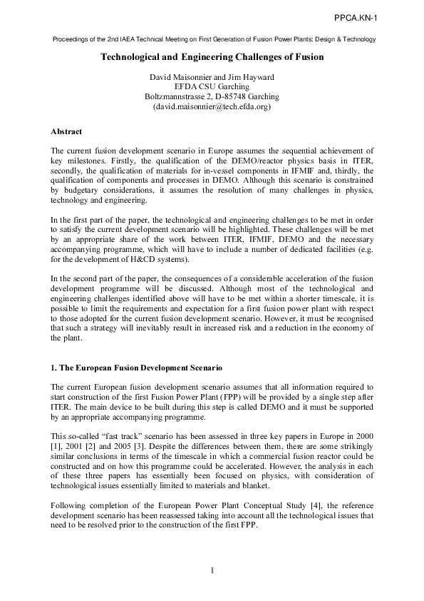 (PDF) Technological and engineering challenges of fusion