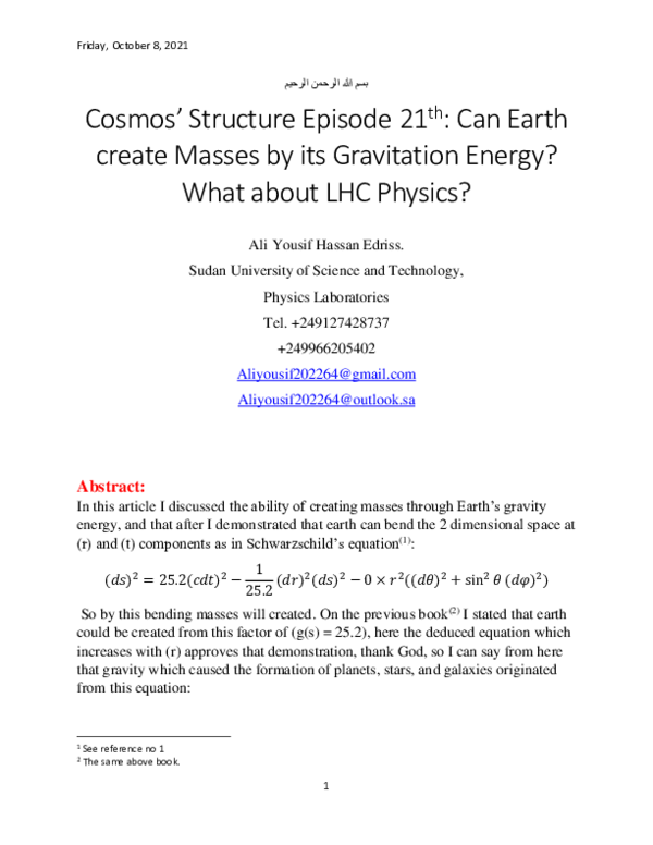 (PDF) Cosmos’ Structure Episode 21th: Can Earth create Masses by its ...