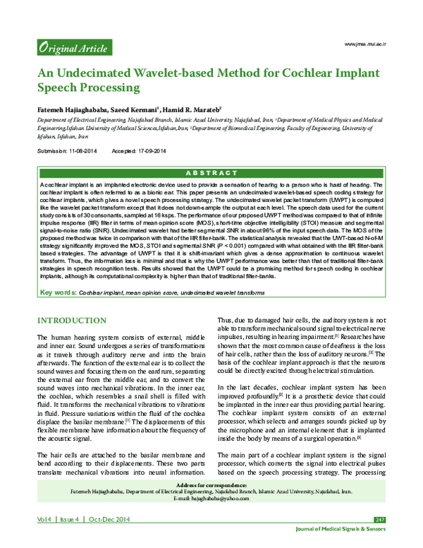 (PDF) An Undecimated Wavelet-based Method for Cochlear Implant Speech Processing