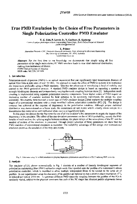 Pdf True Pmd Emulation By The Choice Of Free Parameters In Single Polarization Controller Pmd