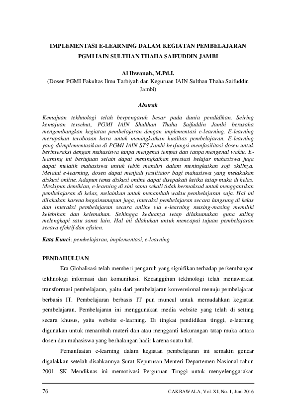 (PDF) Implementasi E-Learning Dalam Kegiatan Pembelajaran Pgmi Iain Sulthan Thaha Saifuddin Jambi