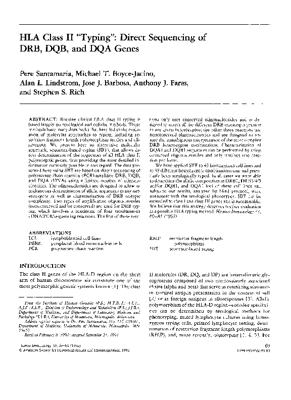(PDF) HLA class II “typing”: Direct sequencing of DRB, DQB, and DQA genes