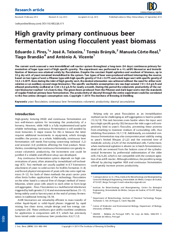 (PDF) High gravity primary continuous beer fermentation using ...