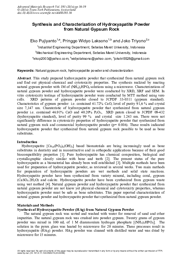 (PDF) Synthesis and Characterization of Hydroxyapatite Powder by Eggshell