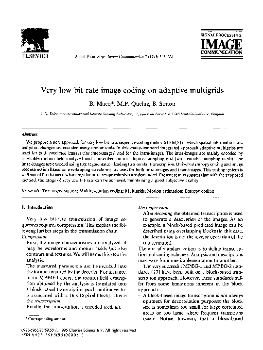 Pdf Very Low Bit Rate Image Coding On Adaptive Multigrids