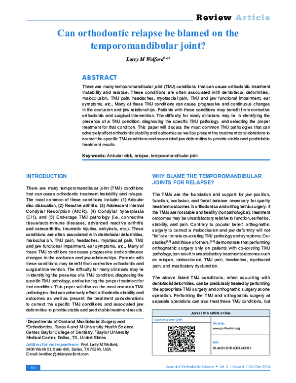(PDF) Can orthodontic relapse be blamed on the temporomandibular joint?