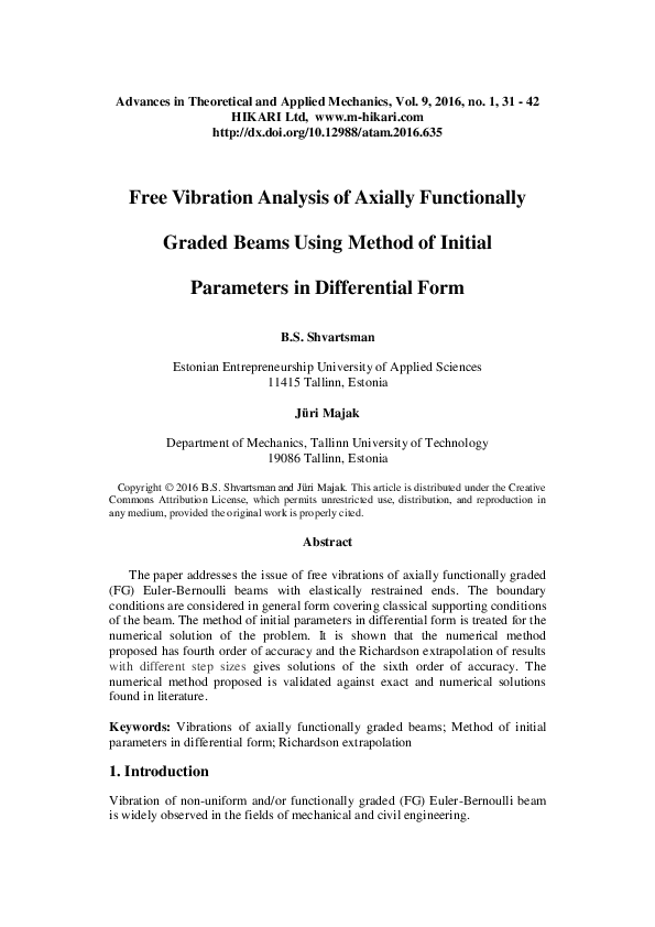 Pdf Free Vibration Analysis Of Axially Functionally Graded Tapered