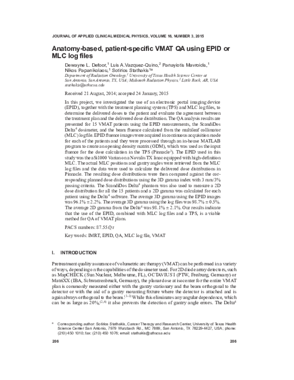 Pdf Anatomy Based Patient Specific Vmat Qa Using Epid Or Mlc Log Files