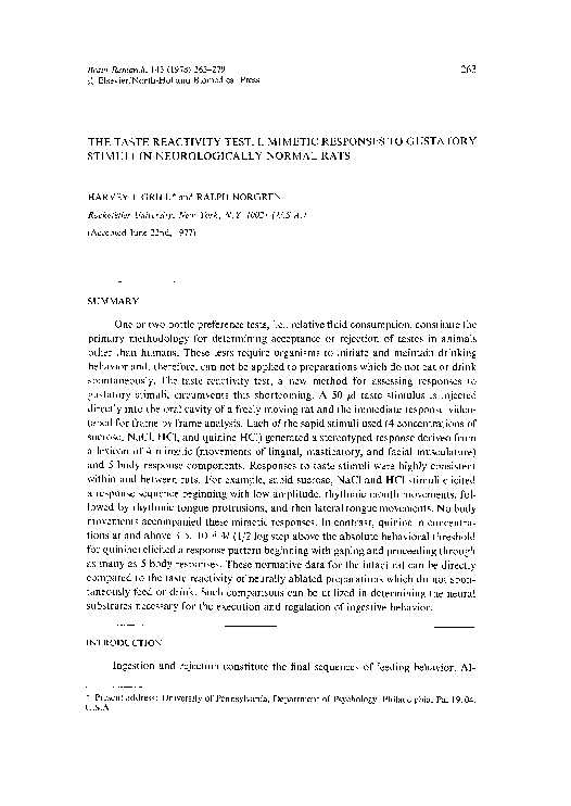(PDF) The taste reactivity test. I. Mimetic responses to gustatory ...