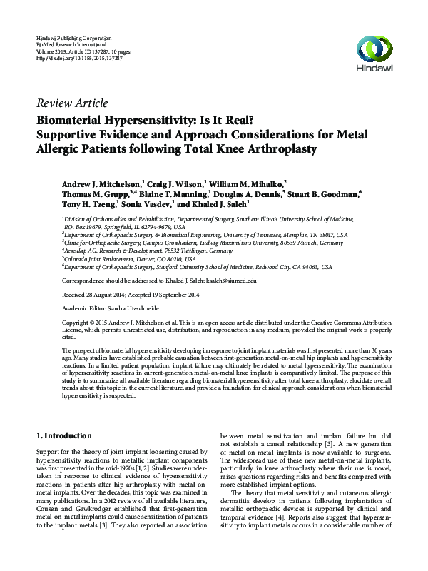 (PDF) Biomaterial Hypersensitivity: Is It Real? Supportive Evidence and ...