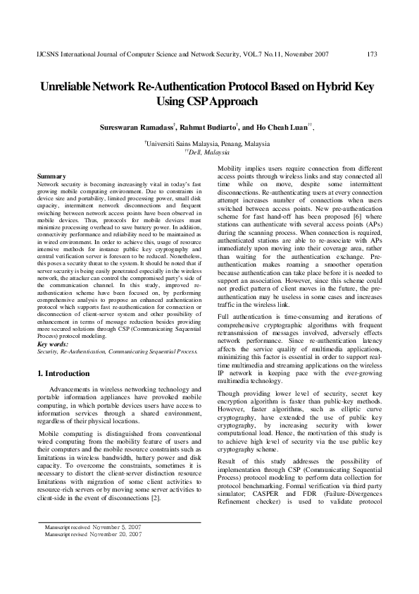 (PDF) Unreliable Network Re-Authentication Protocol Based On Hybrid Key Using CSP Approach