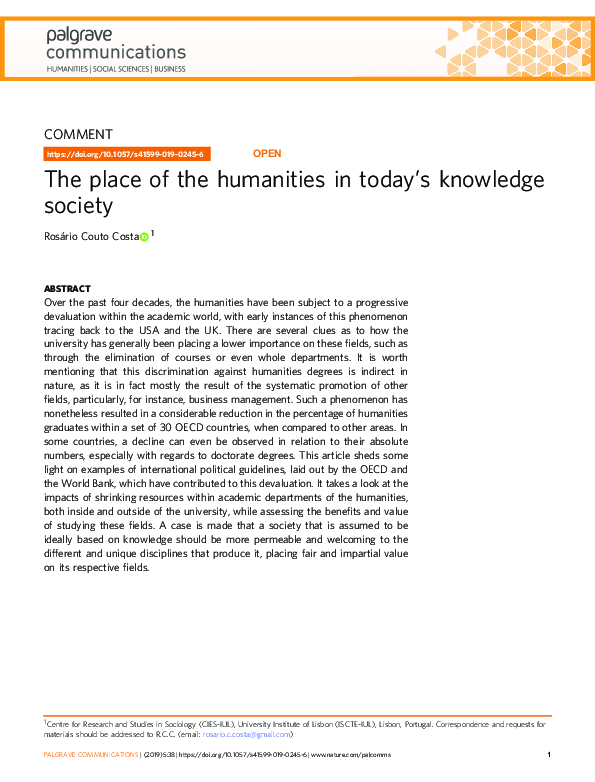 (PDF) The place of the humanities in today’s knowledge society
