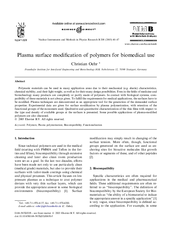 (PDF) Plasma surface modification of polymers for biomedical use