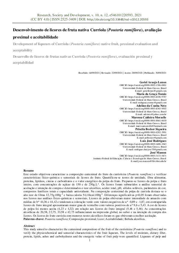 (PDF) Desenvolvimento de licores de fruta nativa Curriola (Pouteria ...